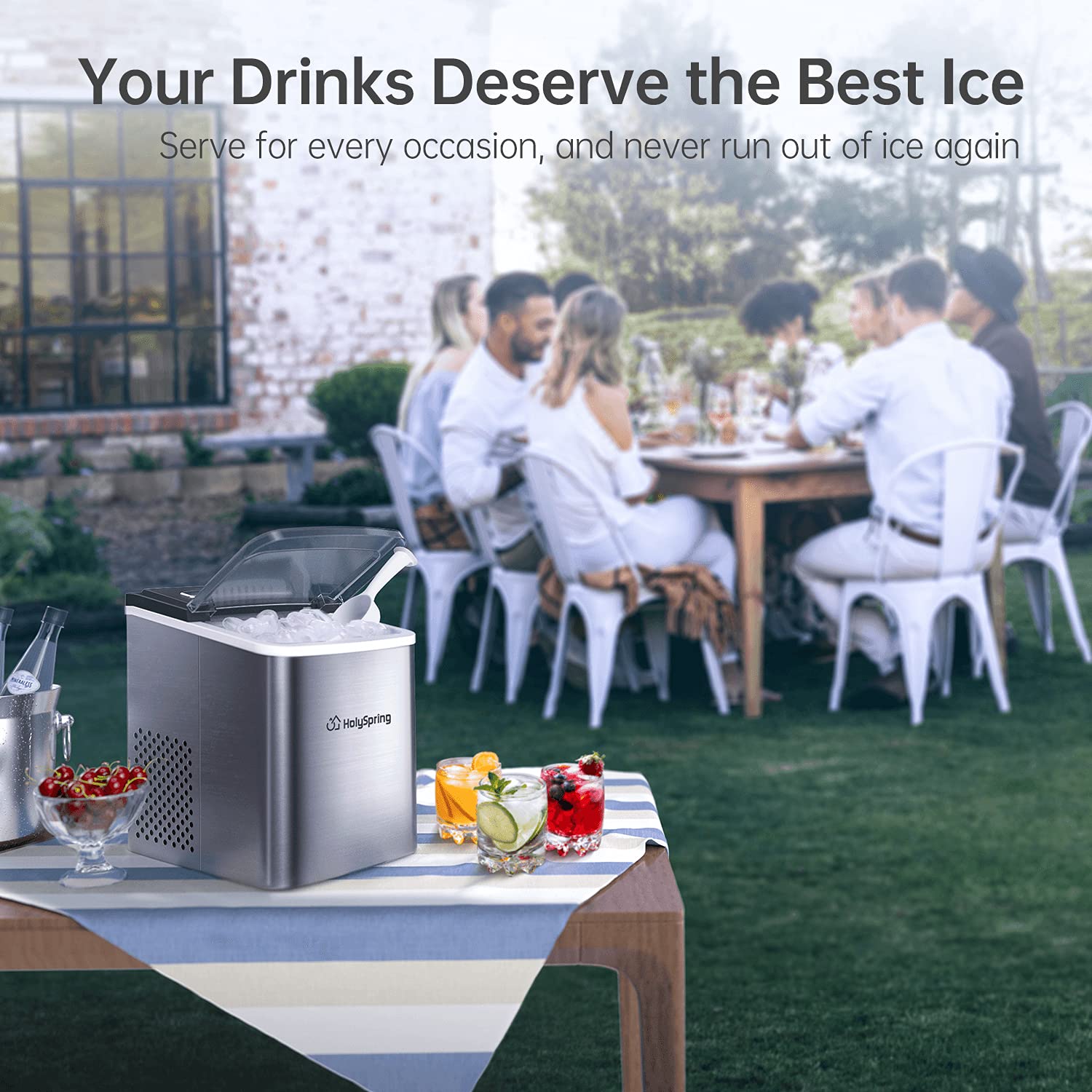 HolySpring Ice Maker Machine Countertop, Portable Ice Makers with Ice Bags and Standing Ice Scoop Basket, Countertop Ice Maker 2.1L w/Self Cleaning, 9 Bullet Cubes Ready in 5-7Mins, 26.5lbs in 24 hrs