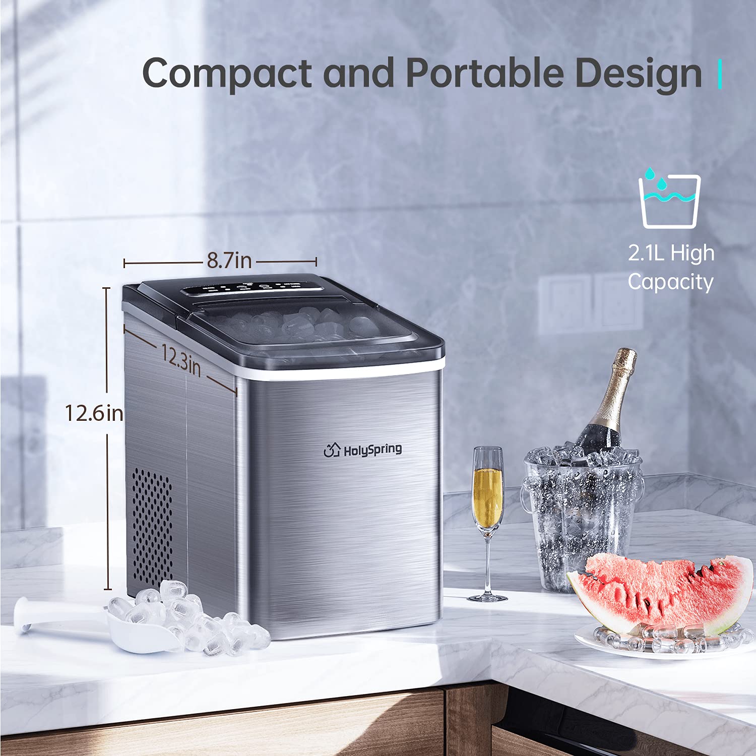 HolySpring Ice Maker Machine Countertop, Portable Ice Makers with Ice Bags and Standing Ice Scoop Basket, Countertop Ice Maker 2.1L w/Self Cleaning, 9 Bullet Cubes Ready in 5-7Mins, 26.5lbs in 24 hrs