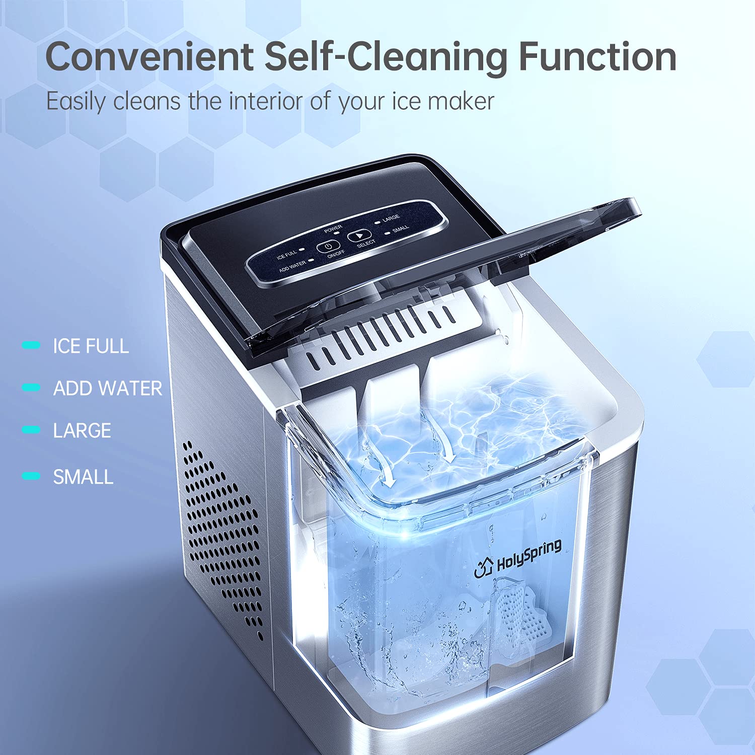 HolySpring Ice Maker Machine Countertop, Portable Ice Makers with Ice Bags and Standing Ice Scoop Basket, Countertop Ice Maker 2.1L w/Self Cleaning, 9 Bullet Cubes Ready in 5-7Mins, 26.5lbs in 24 hrs