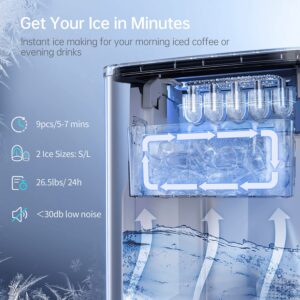 HolySpring Ice Maker Machine Countertop, Portable Ice Makers with Ice Bags and Standing Ice Scoop Basket, Countertop Ice Maker 2.1L w/Self Cleaning, 9 Bullet Cubes Ready in 5-7Mins, 26.5lbs in 24 hrs