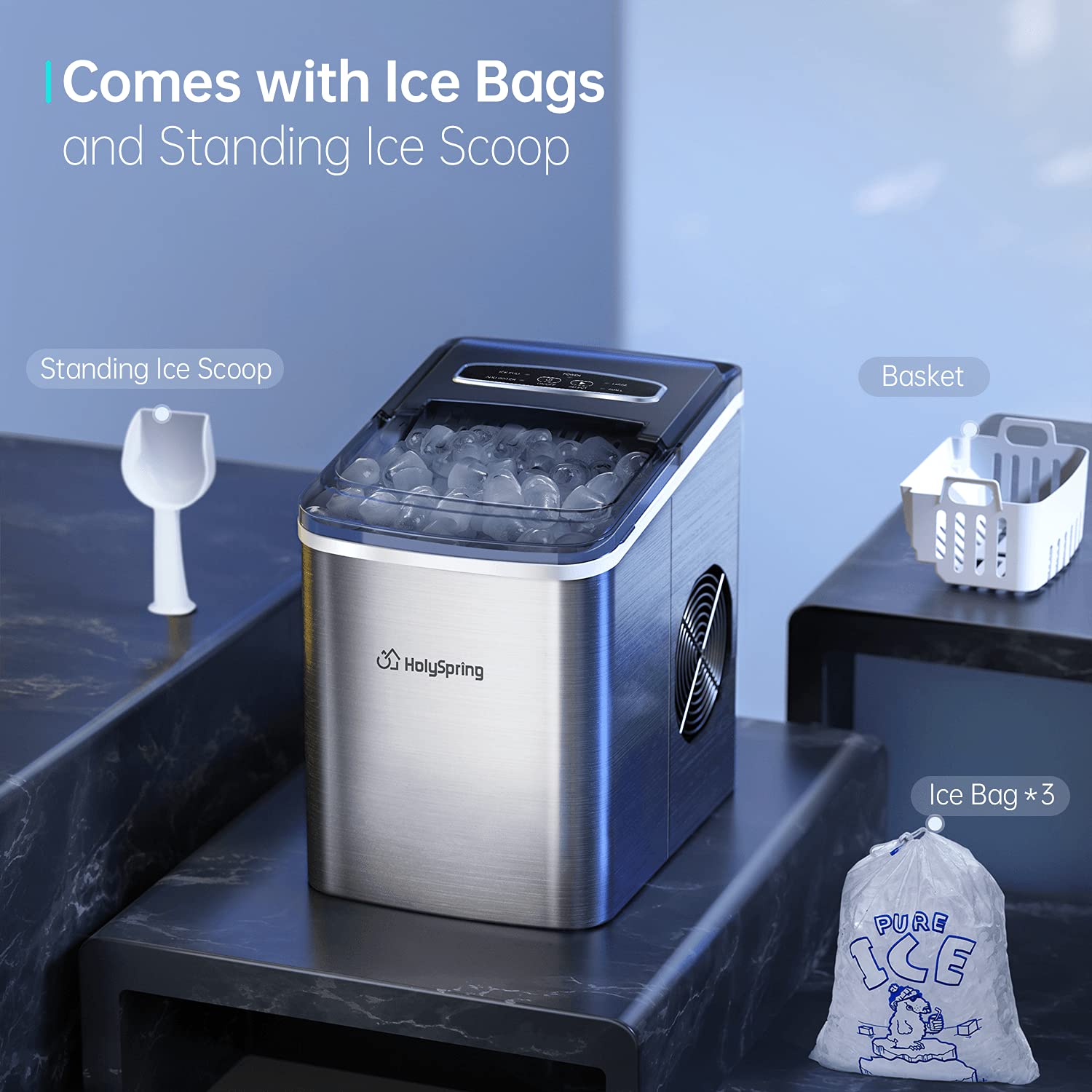 HolySpring Ice Maker Machine Countertop, Portable Ice Makers with Ice Bags and Standing Ice Scoop Basket, Countertop Ice Maker 2.1L w/Self Cleaning, 9 Bullet Cubes Ready in 5-7Mins, 26.5lbs in 24 hrs