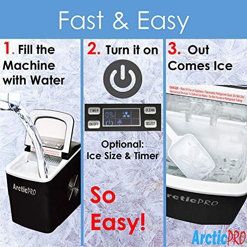 PORTABLE DIGITAL ICE MAKER MACHINE by Arctic-Pro with Ice Scoop, First Ice in 6-8 Minutes, 26 Pounds Daily, Great for Kitchens, Tailgating, Bars, Party, Small/Large Cubes, Black, 11.5x8.7x12.5 Inches