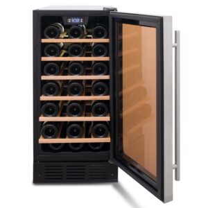 under counter wine cooler 15 inch wide, 33 bottle wine fridge refrigerator built in/freestanding, under cabinet glass door stainless steel black wine and beverage cellar for home bar with led