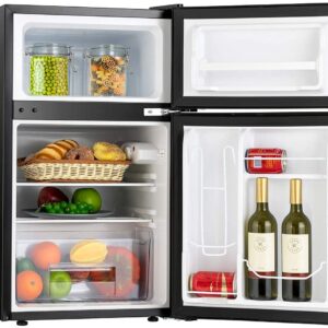 ROVSUN 2 Door Compact Refrigerator with Freezer, 3.2 CU FT Upright Mini Fridge Cooler for Food Drink Beer with Removable Shelves, Ice Tray, Scraper, Perfect for Apartment, Bedroom, Office & Dorm