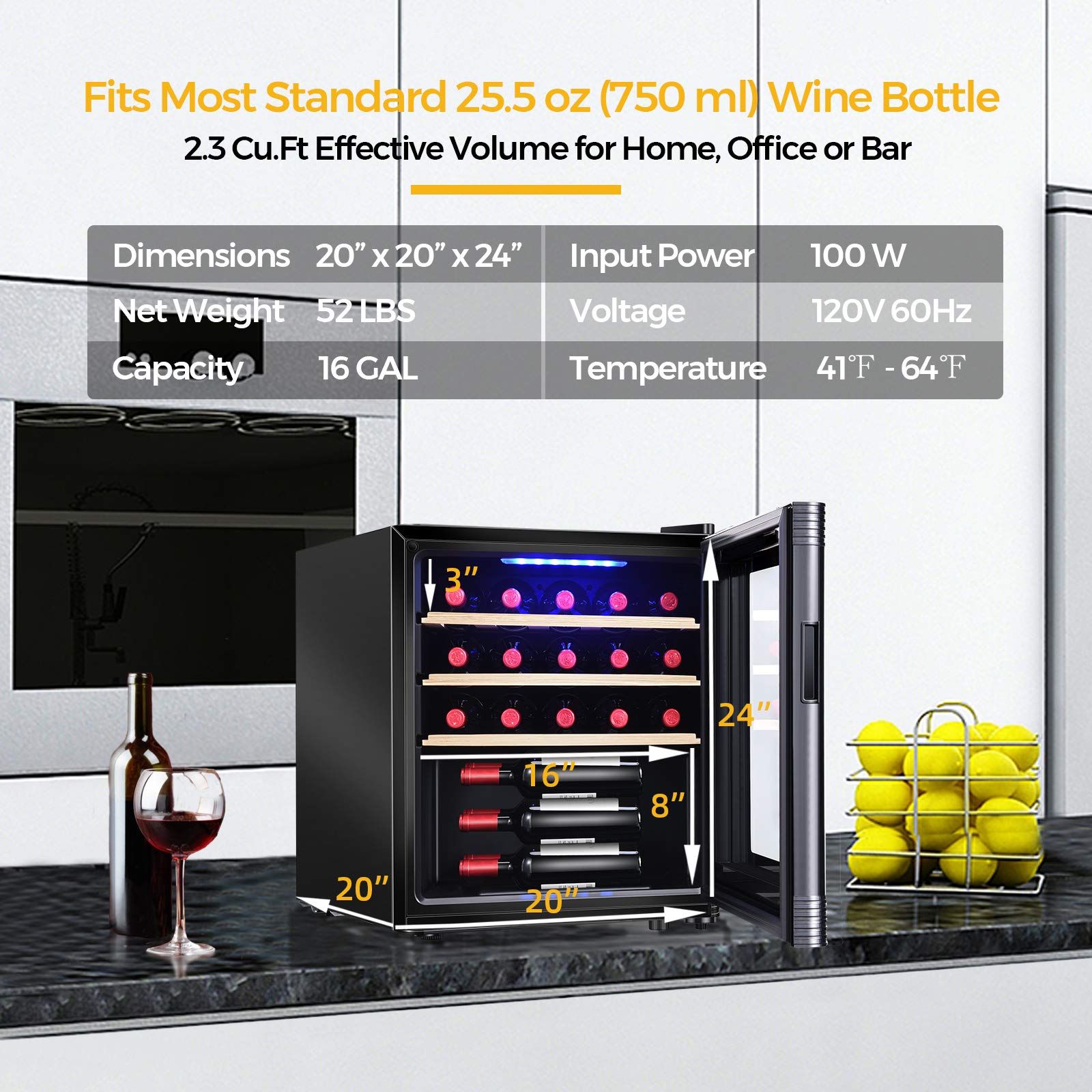 COSTWAY 20 Inch Wine Cooler Refrigerator, 21 Bottles Freestanding Small Chiller Wine Cellar with 41℉- 64℉Temperature, Double Glass Door, Countertop Mini Drink Fridge for Home Bar Office Kitchen