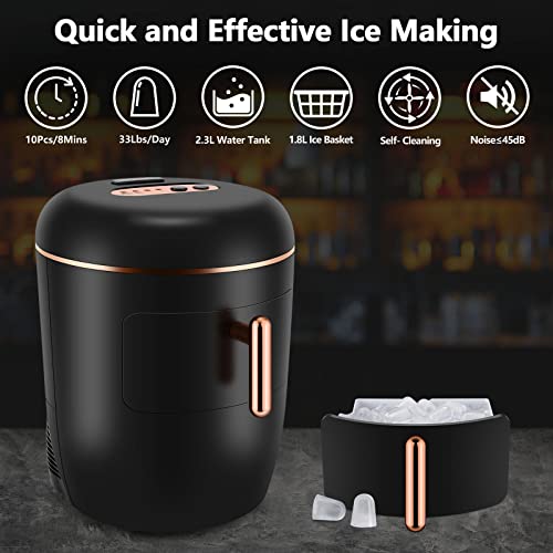 KUMIO Ice Maker Countertop, Retro Design Bullet Clear Ice 10pcs in 8Mins, 33Lbs/Day, 2.5Qt Water Reservoir & 2 Ice Size (S/L), Self-Cleaning Portable Ice Machine with Ice Basket and Scoops, ICM-1550