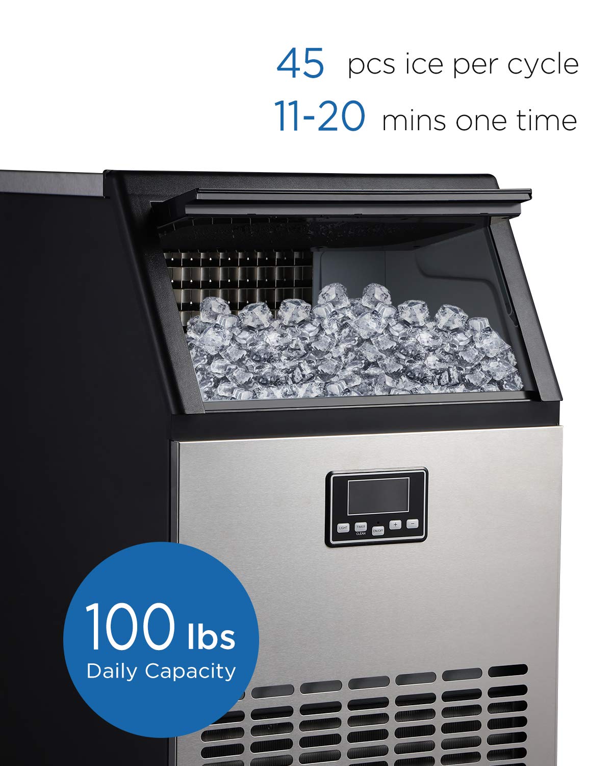 WATOOR Commercial Ice Maker Machine with Bottom-Loading Water System, LCD Display Under Counter or ‎Freestanding 100lbs/24h