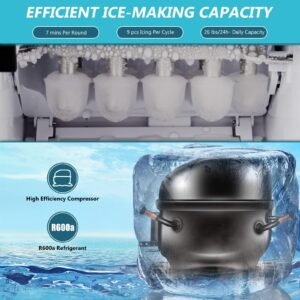 COSTWAY Countertop Ice Maker, 26LBS/24H Portable Electric Ice Machine, 9 Bullet Ice / 7 Mins, Intelligent Alarm System, with Ice Scoop and Basket, for Homes, Offices, Restaurants, Bars (Silver)