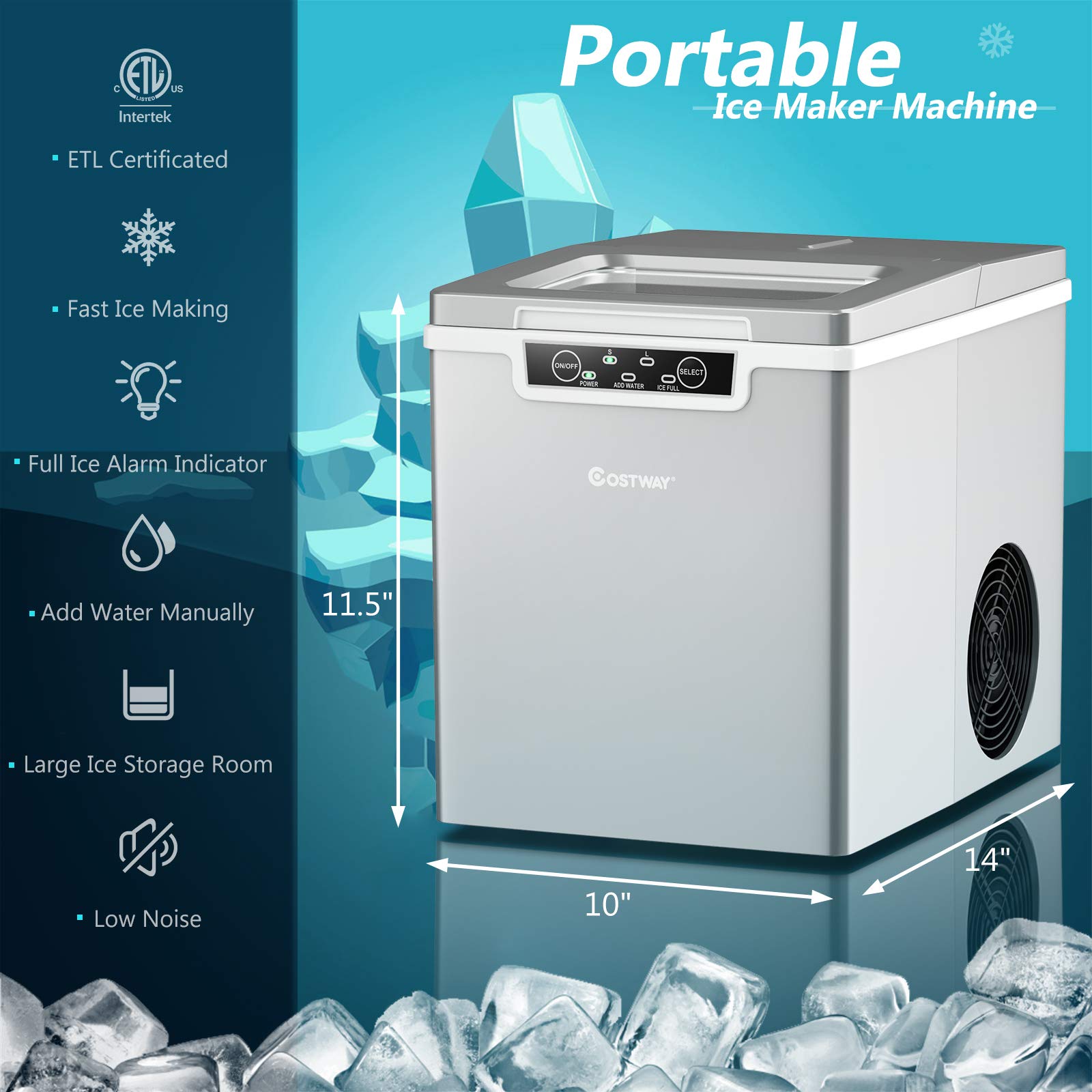 COSTWAY Countertop Ice Maker, 26LBS/24H Portable Electric Ice Machine, 9 Bullet Ice / 7 Mins, Intelligent Alarm System, with Ice Scoop and Basket, for Homes, Offices, Restaurants, Bars (Silver)