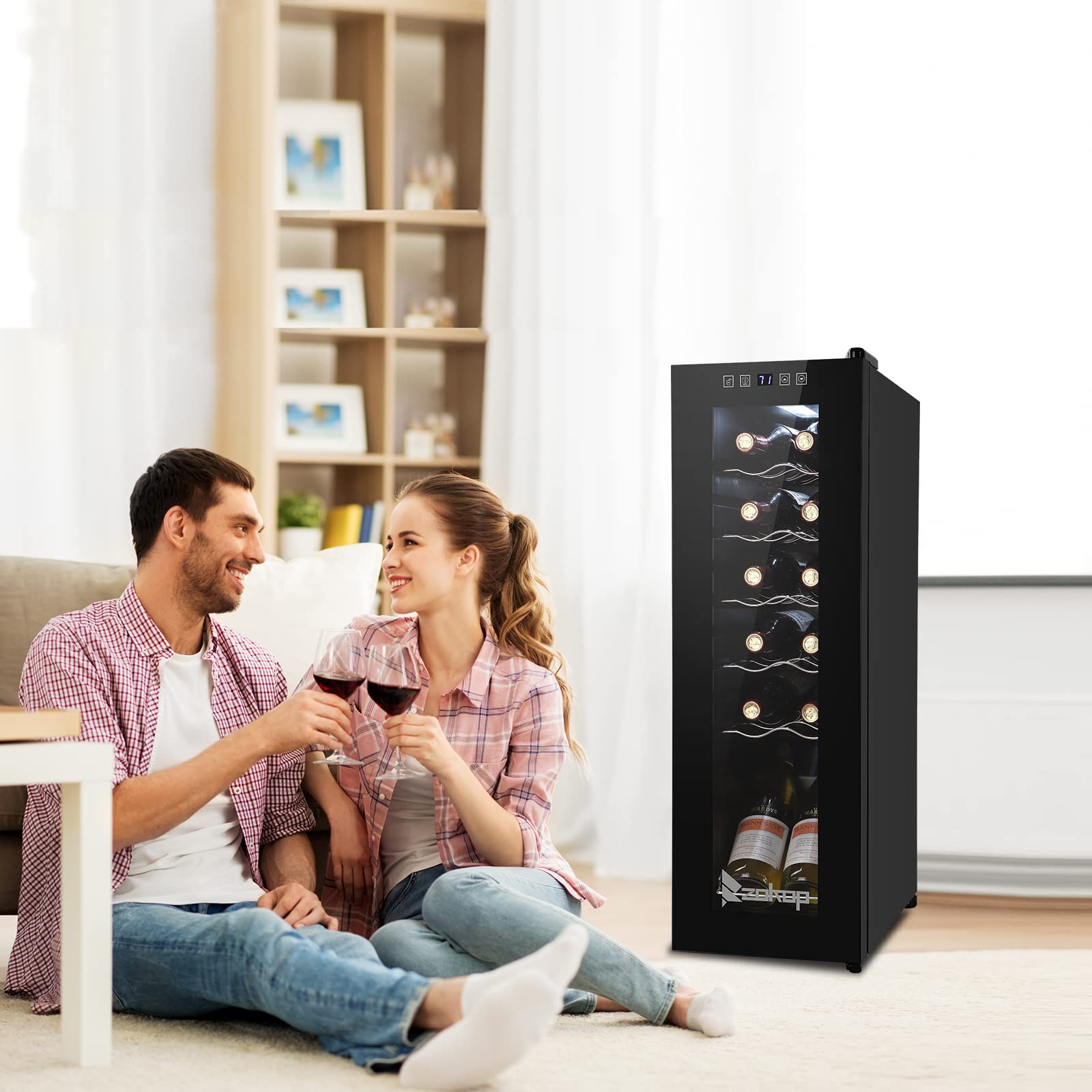 12 Bottle Wine Cooler Refrigerator, Freestanding Compressor Wine Chiller, Beverage Wine Fridge with Digital Temperature Control & Double-layer Glass Door for Red White Wine, Champagne, Beer