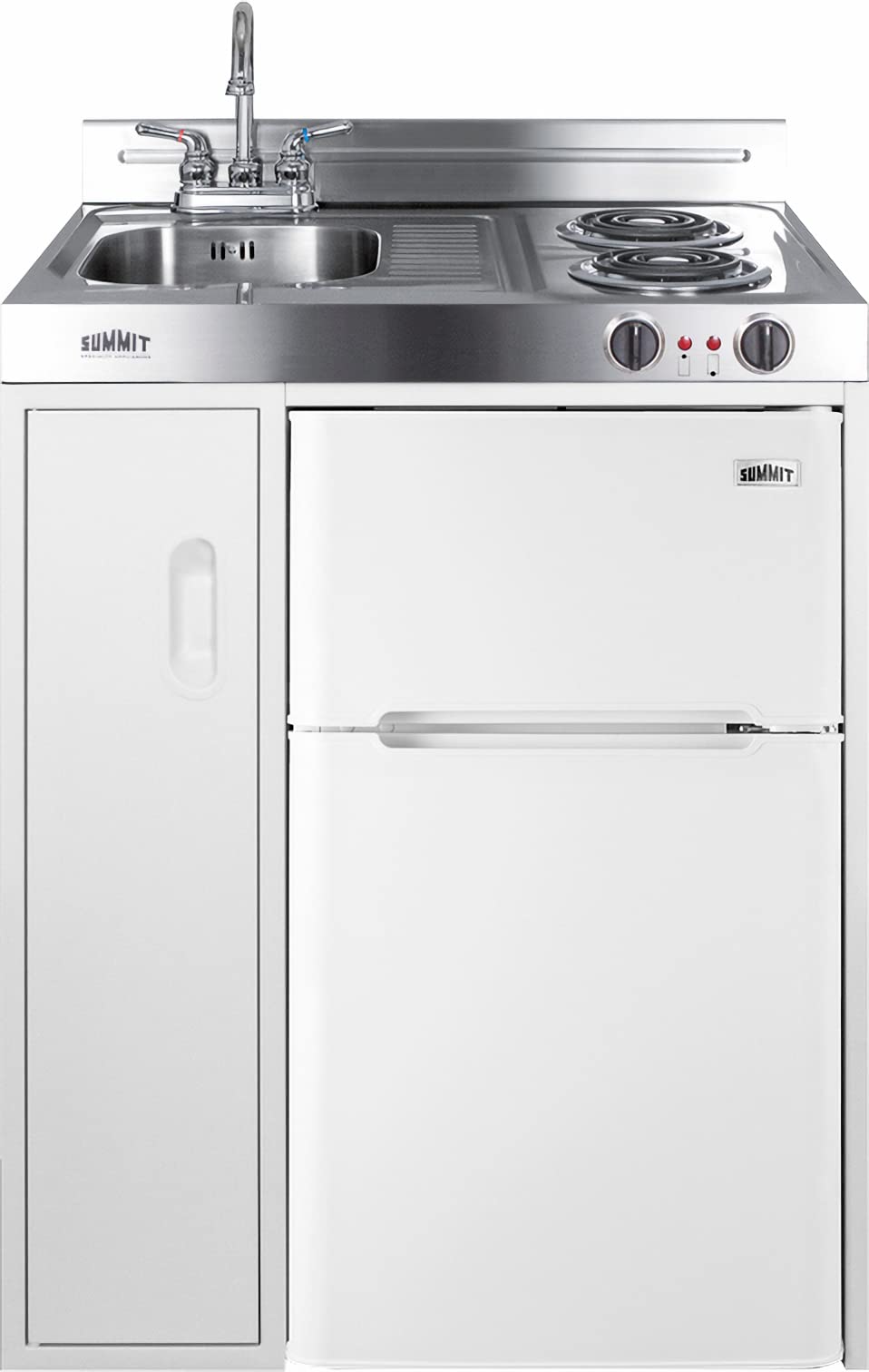 Summit C30EL 30" Kitchenette with 2 Coil Element Cooktop Sink and Faucet in White 2-door refrigerator-freezer included