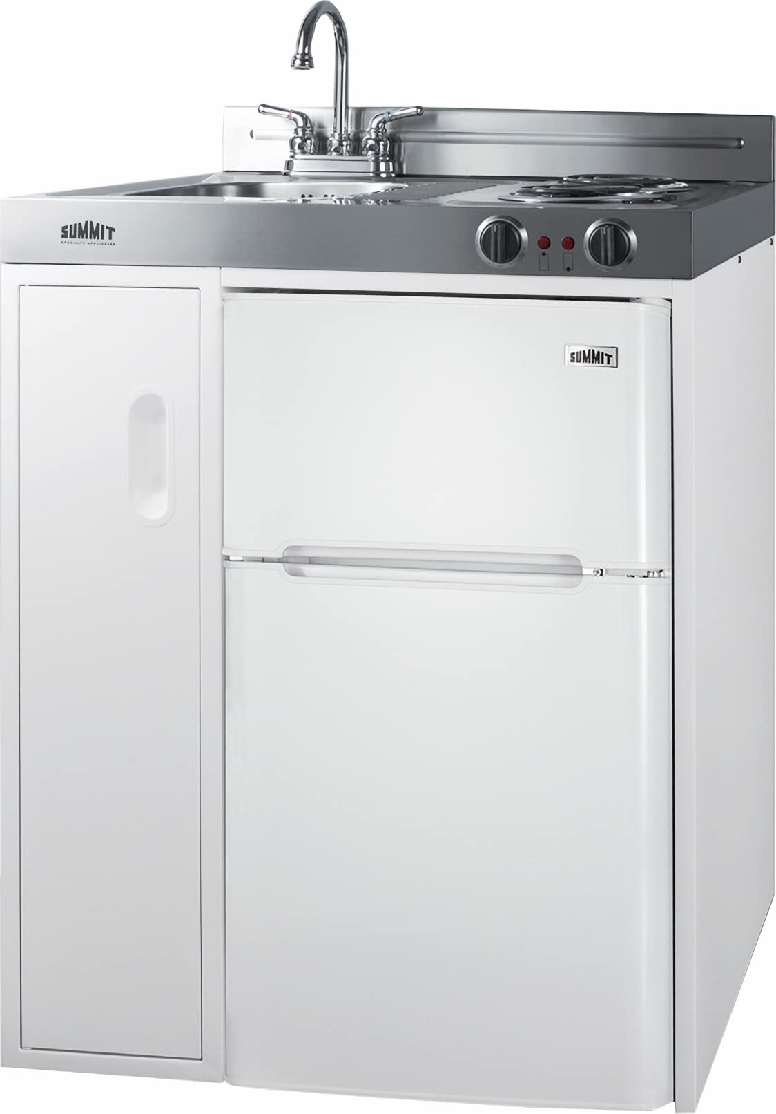 Summit C30EL 30" Kitchenette with 2 Coil Element Cooktop Sink and Faucet in White 2-door refrigerator-freezer included