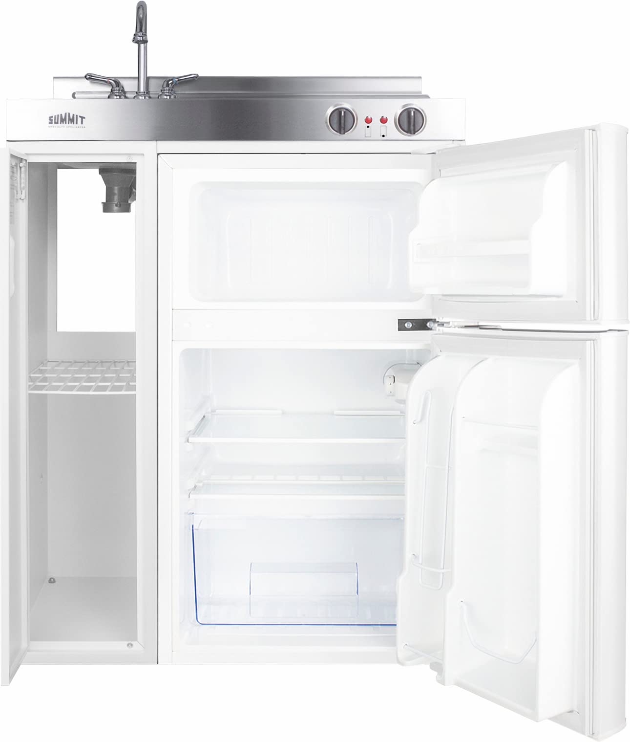 Summit C30EL 30" Kitchenette with 2 Coil Element Cooktop Sink and Faucet in White 2-door refrigerator-freezer included