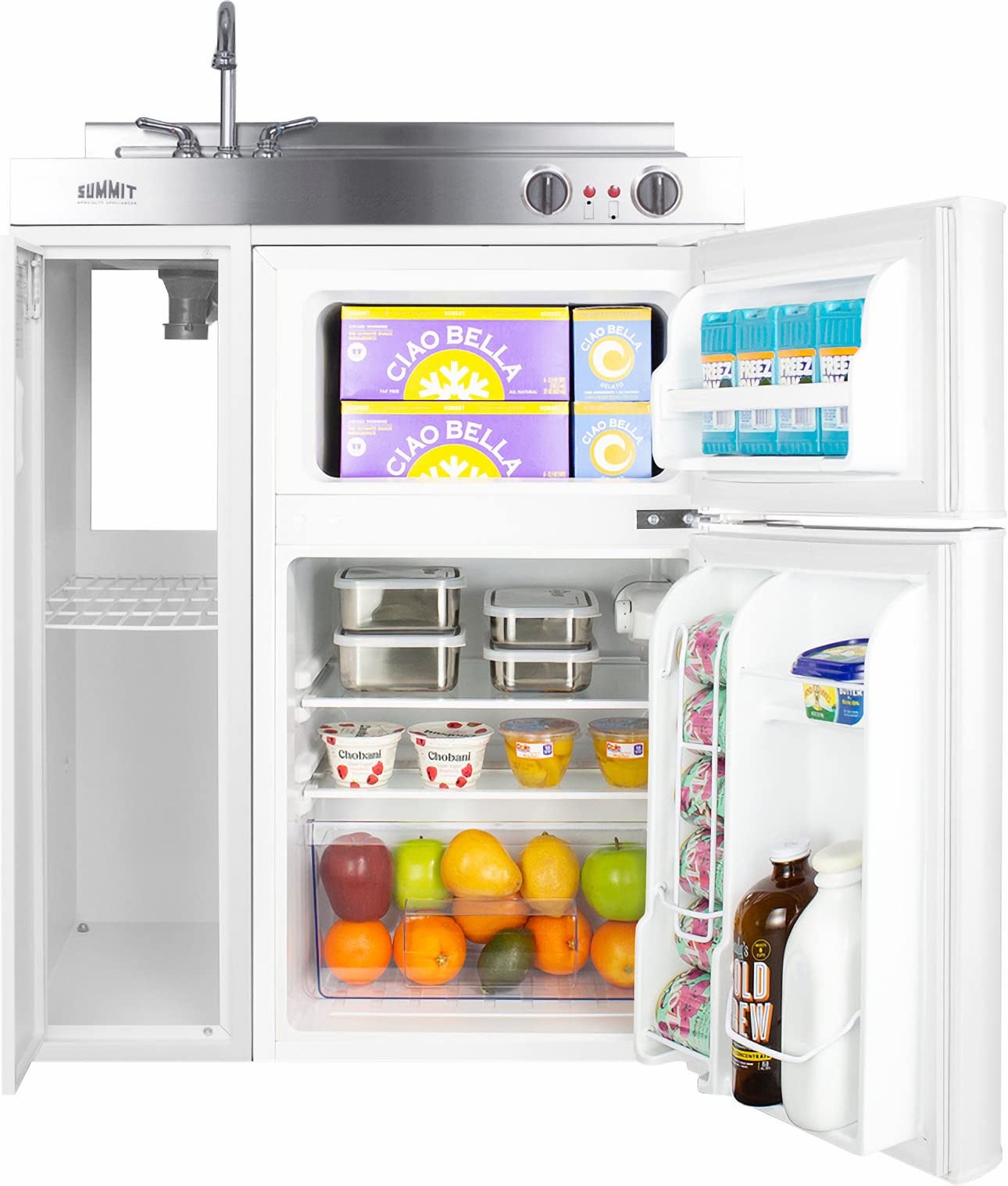 Summit C30EL 30" Kitchenette with 2 Coil Element Cooktop Sink and Faucet in White 2-door refrigerator-freezer included