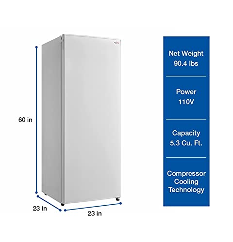 Koolatron Compact Upright Freezer, 5.3 cu ft (150L), White, Manual Defrost Design, Space-Saving Flat Back, Reversible Door, for Home, Apartment, Condo, Cottage