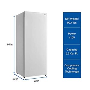 Koolatron Compact Upright Freezer, 5.3 cu ft (150L), White, Manual Defrost Design, Space-Saving Flat Back, Reversible Door, for Home, Apartment, Condo, Cottage