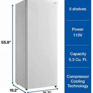 Koolatron Compact Upright Freezer, 5.3 cu ft (150L), White, Manual Defrost Design, Space-Saving Flat Back, Reversible Door, for Home, Apartment, Condo, Cottage