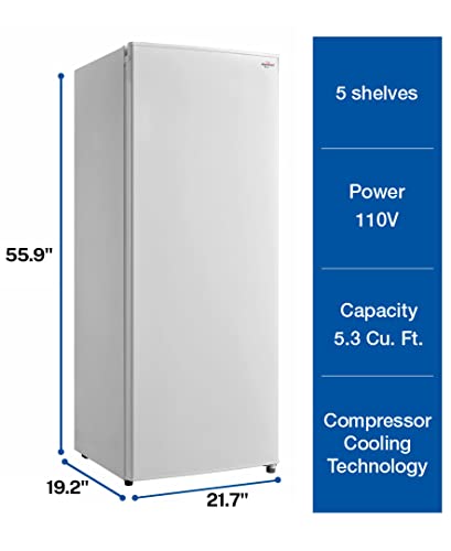 Koolatron Compact Upright Freezer, 5.3 cu ft (150L), White, Manual Defrost Design, Space-Saving Flat Back, Reversible Door, for Home, Apartment, Condo, Cottage