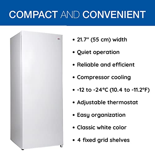 Koolatron Compact Upright Freezer, 5.3 cu ft (150L), White, Manual Defrost Design, Space-Saving Flat Back, Reversible Door, for Home, Apartment, Condo, Cottage