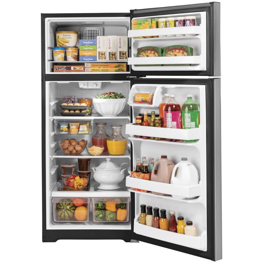 GE GTE18GTNRWW 28" Energy Star Qualified Top Freezer Refrigerator with 17.52 cu. ft. Capacity LED Lighting Adjustable Glass Shelves and Upfront Temperature Controls in White