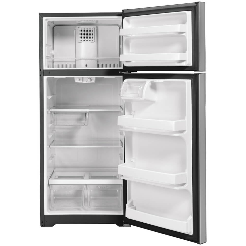 GE GTE18GTNRWW 28" Energy Star Qualified Top Freezer Refrigerator with 17.52 cu. ft. Capacity LED Lighting Adjustable Glass Shelves and Upfront Temperature Controls in White