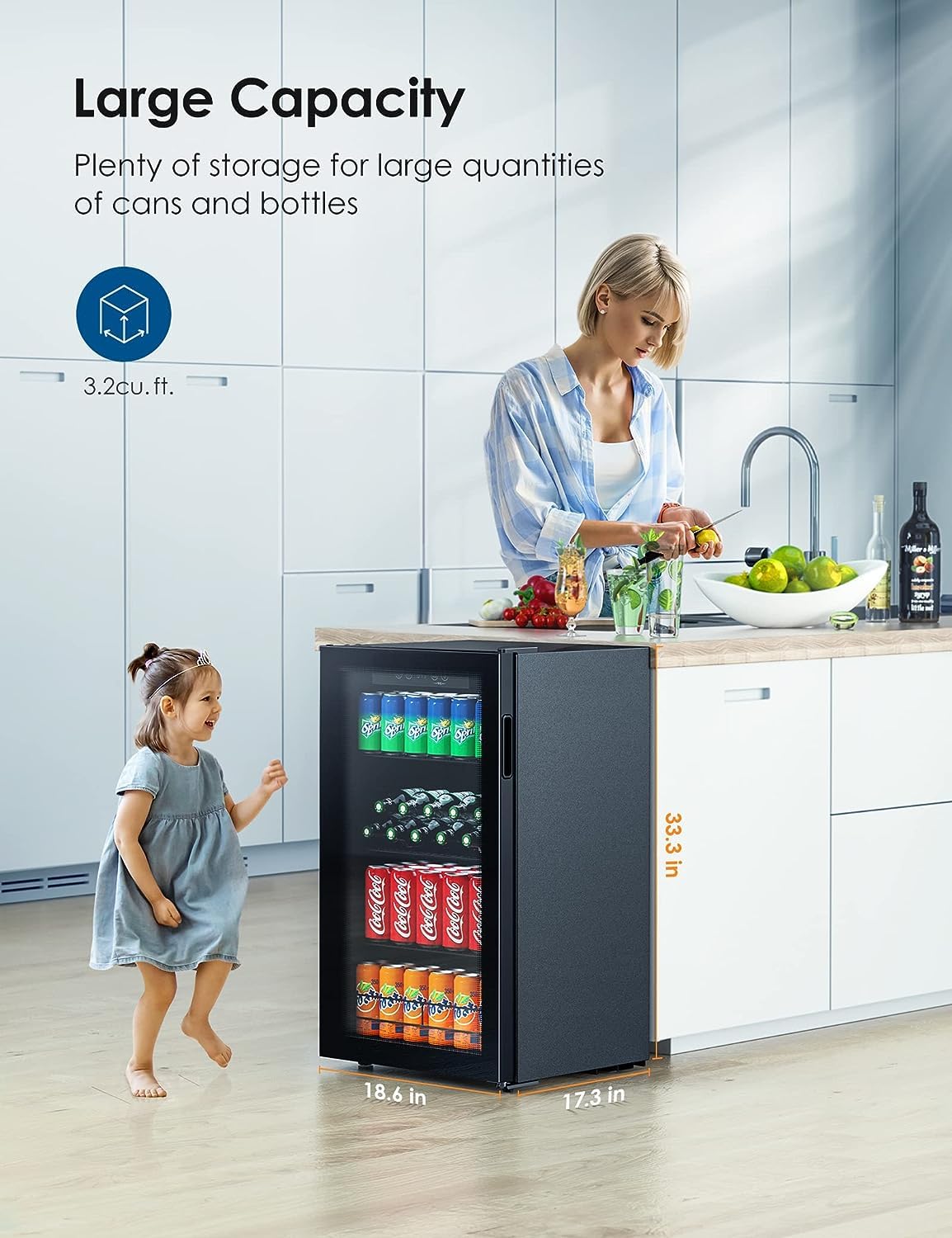 Miroco MI-EF001 3.2 Cu.Ft. Beverage Refrigerator Cooler, Drink Fridge with 3 Layer Glass Door, 3 Removable Shelves, Touch Control, Digital Temperature Display, Digital LED Display