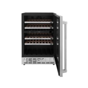 Z Line Kitchen and Bath ZLINE 24" Dual Zone 44-Bottle Wine Cooler in Stainless Steel with Wood Shelf (RWV-UD-24)