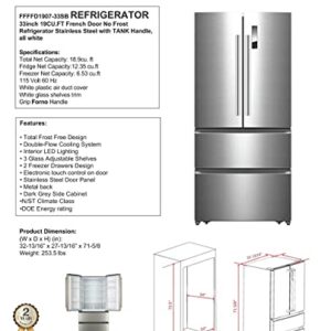 Forno Bovino 33" Inch W. Refrigerator 19 cu. Ft. Frost Free Design Stainless Steel Touch Control French Doors.