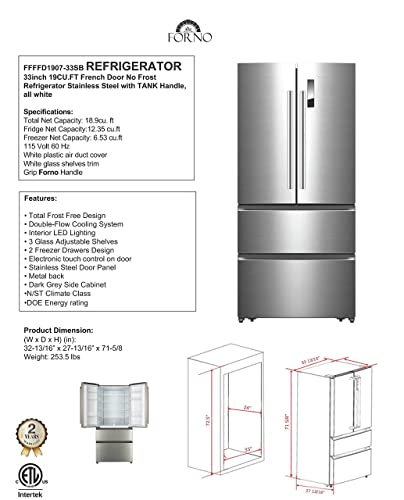 Forno Bovino 33" Inch W. Refrigerator 19 cu. Ft. Frost Free Design Stainless Steel Touch Control French Doors.