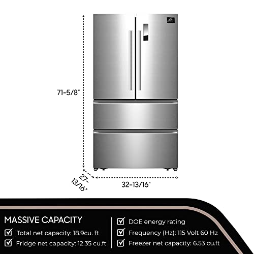 Forno Bovino 33" Inch W. Refrigerator 19 cu. Ft. Frost Free Design Stainless Steel Touch Control French Doors.