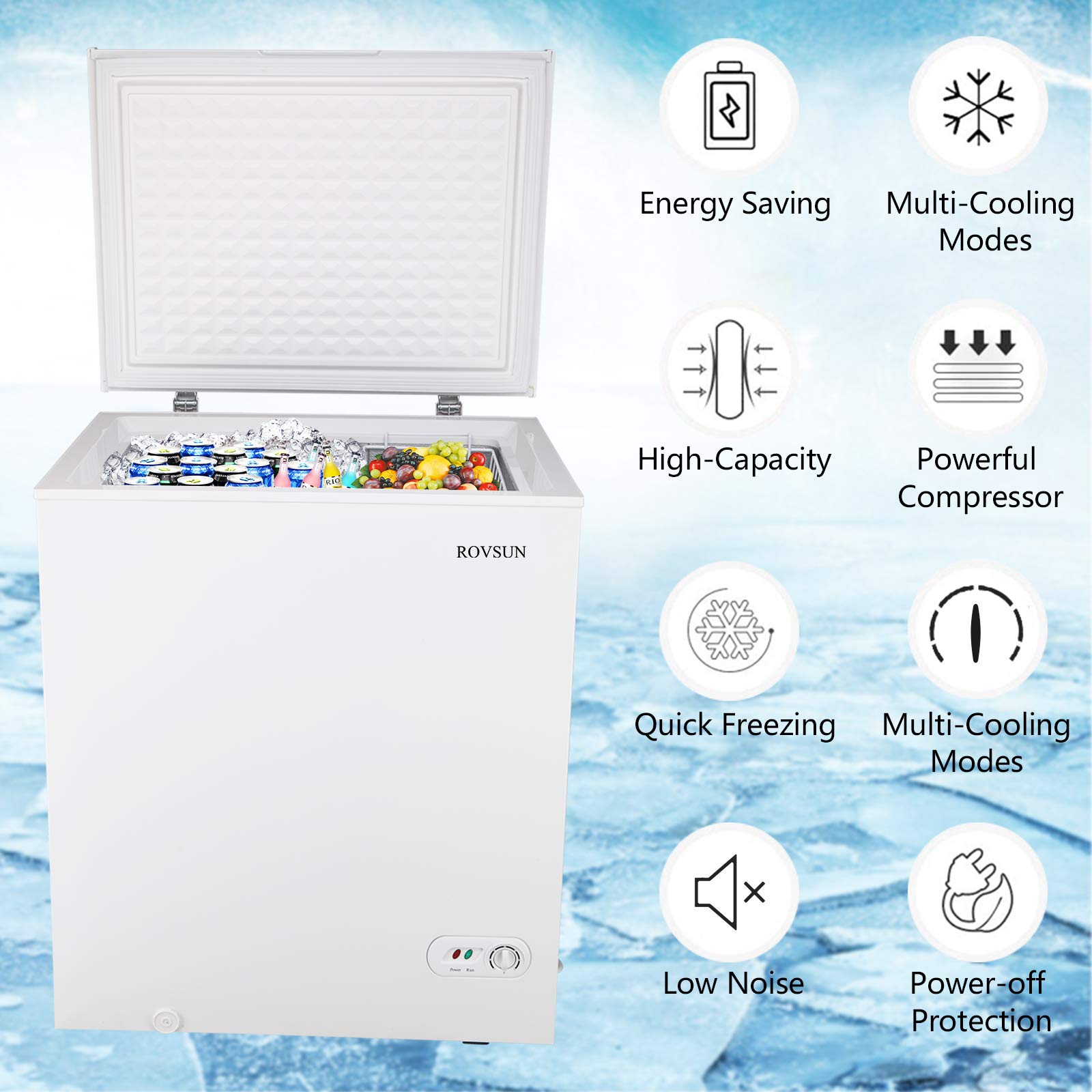 ROVSUN 5.0 Cubic Feet Chest Freezer, Compact Deep Freezer with Storage Basket, Adjustable Thermostat, Ideal for Home Kitchen Office, White