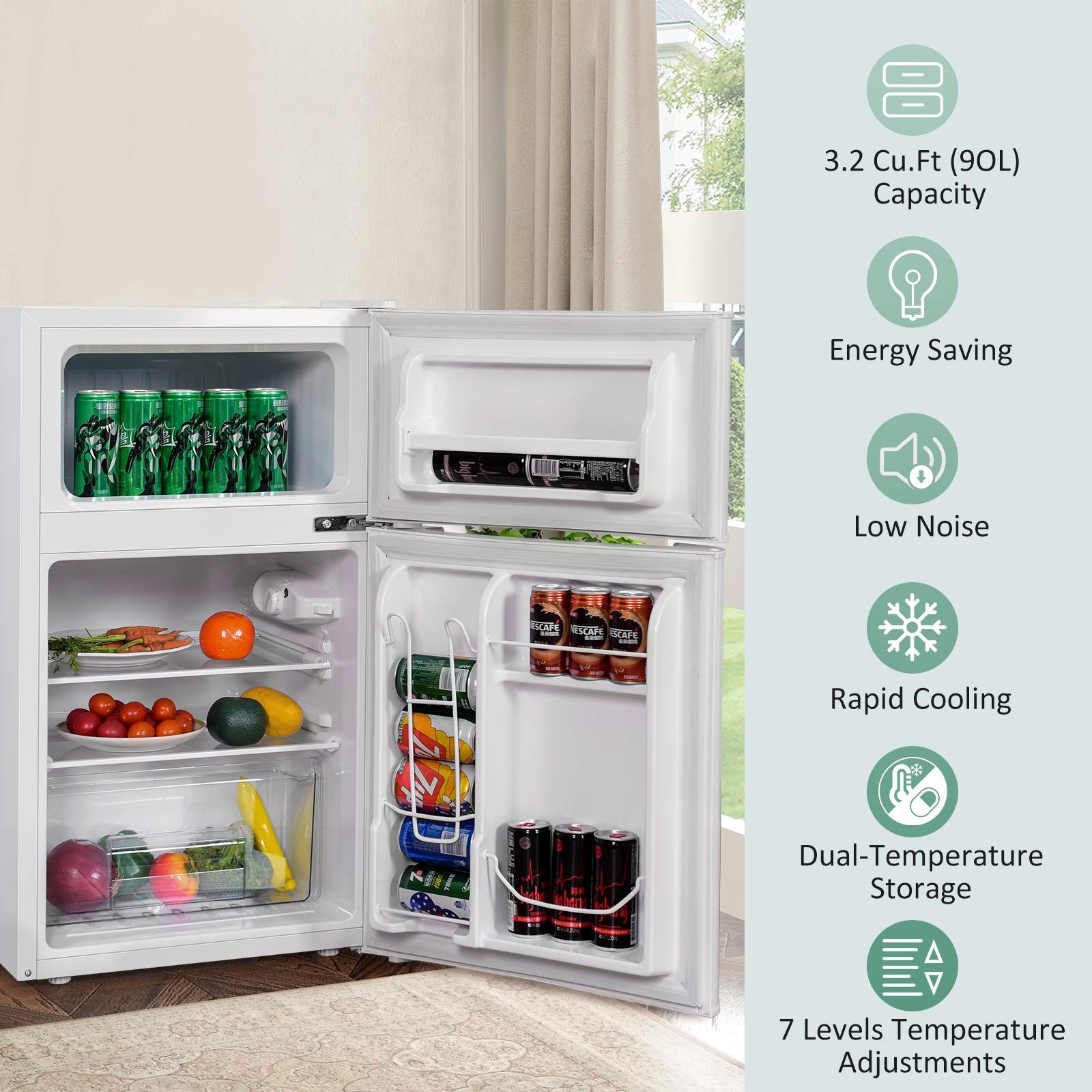 KOTEK Mini Fridge with Freezer, 3.2 Cu.Ft Compact Refrigerator with Reversible 2 Doors, 7 Level Adjustable Thermostat & Removable Shelves, Small Refrigerator for Bedroom/Office/Dorm/Apartment (White)