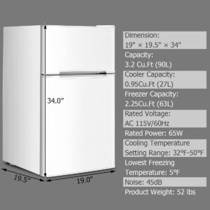 KOTEK Mini Fridge with Freezer, 3.2 Cu.Ft Compact Refrigerator with Reversible 2 Doors, 7 Level Adjustable Thermostat & Removable Shelves, Small Refrigerator for Bedroom/Office/Dorm/Apartment (White)