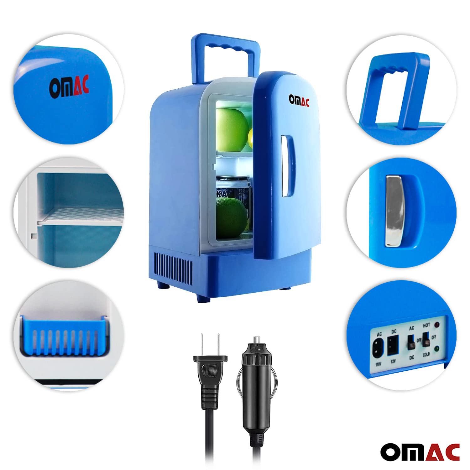 OMAC Mini Fridge 4 Liter AC/DC Power, 12V, Portable, Thermoelectric Cooler and Warmer Personal Refrigerators, Blue