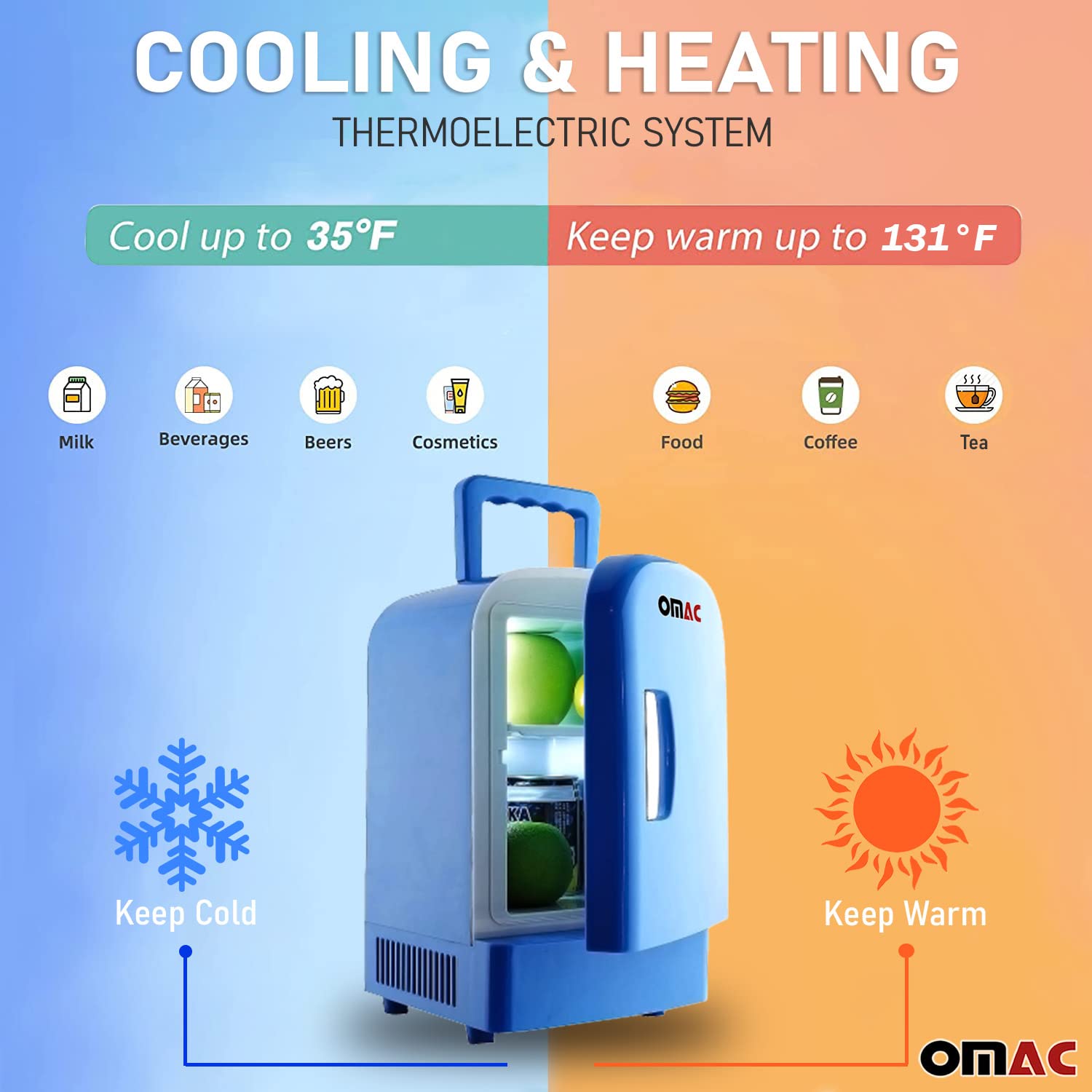 OMAC Mini Fridge 4 Liter AC/DC Power, 12V, Portable, Thermoelectric Cooler and Warmer Personal Refrigerators, Blue