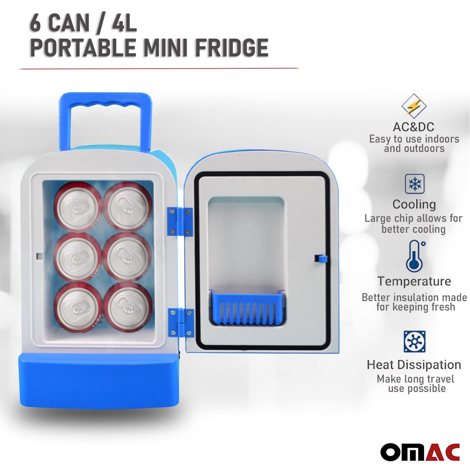 OMAC Mini Fridge 4 Liter AC/DC Power, 12V, Portable, Thermoelectric Cooler and Warmer Personal Refrigerators, Blue