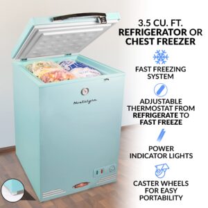 Nostalgia Classic Retro 3.5 Cu.Ft. Chest Freezer and Refrigerator All in One, Includes Rolling Wheels, Portable, Indoor/Outdoor, Lock and Keys, Removable Basket, Adjustable Temperature Dial with Gauge