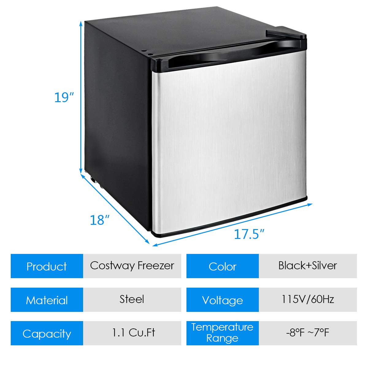 COSTWAY Compact Upright Freezer Countertop, 1.1 cu. ft. Mini Size with Reversible Stainless Steel Door and Adjustable Removable Shelves, Single Door Vertical Freezer for Home, Dorm, Office