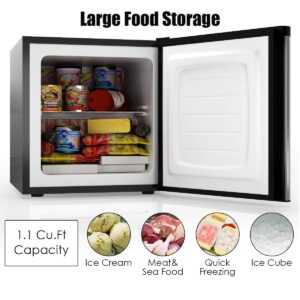 COSTWAY Compact Upright Freezer Countertop, 1.1 cu. ft. Mini Size with Reversible Stainless Steel Door and Adjustable Removable Shelves, Single Door Vertical Freezer for Home, Dorm, Office