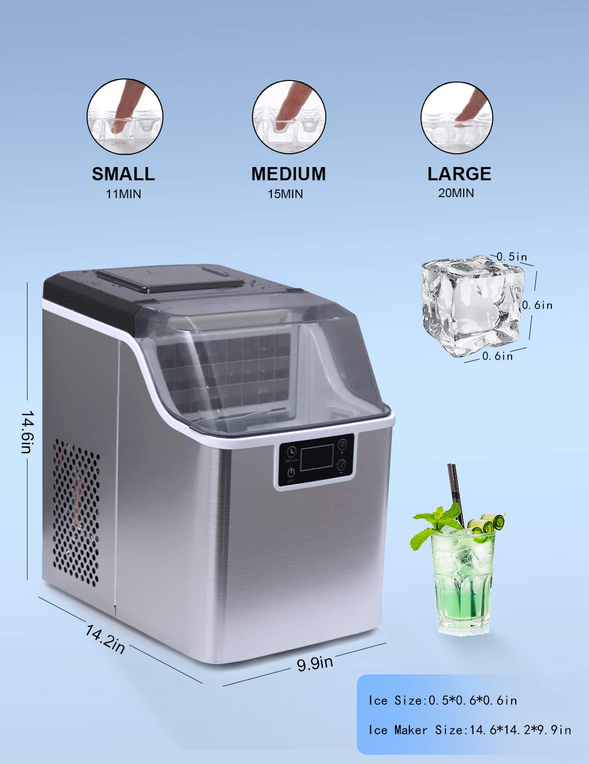 COOLHOME Ice Maker with Self Cleaning, 45Lbs/24H Ice Cube Makers,Stainless Steel Ice Makers Countertop,Tabletop Ice Maker Machine with a Scoop,Perfect for Home Kitchen Office Bar