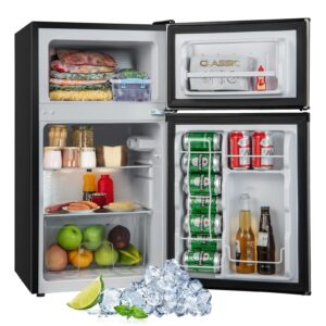 kotek 3.2 cu.ft mini fridge with freezer, silver compact refrigerator/freezer with reversible 2 doors, 5 level adjustable thermostat, & removable glass shelves, mini fridge for bedroom/dorm/office