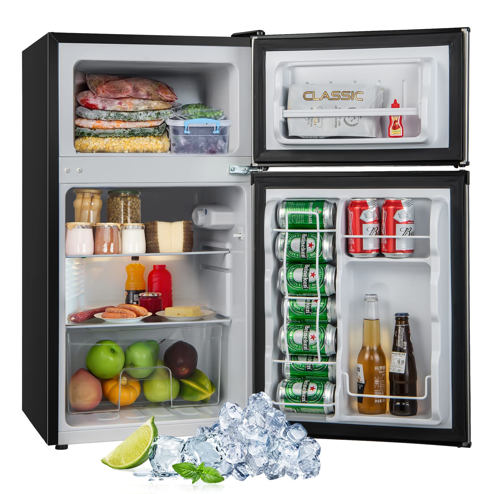 KOTEK 3.2 Cu.Ft Mini Fridge with Freezer, Silver Compact Refrigerator/Freezer with Reversible 2 Doors, 5 Level Adjustable Thermostat, & Removable Glass Shelves, Mini Fridge for Bedroom/Dorm/Office