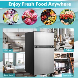 KOTEK 3.2 Cu.Ft Mini Fridge with Freezer, Silver Compact Refrigerator/Freezer with Reversible 2 Doors, 5 Level Adjustable Thermostat, & Removable Glass Shelves, Mini Fridge for Bedroom/Dorm/Office