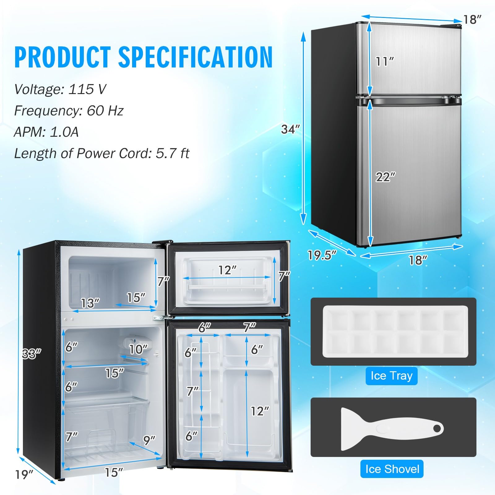 KOTEK 3.2 Cu.Ft Mini Fridge with Freezer, Silver Compact Refrigerator/Freezer with Reversible 2 Doors, 5 Level Adjustable Thermostat, & Removable Glass Shelves, Mini Fridge for Bedroom/Dorm/Office