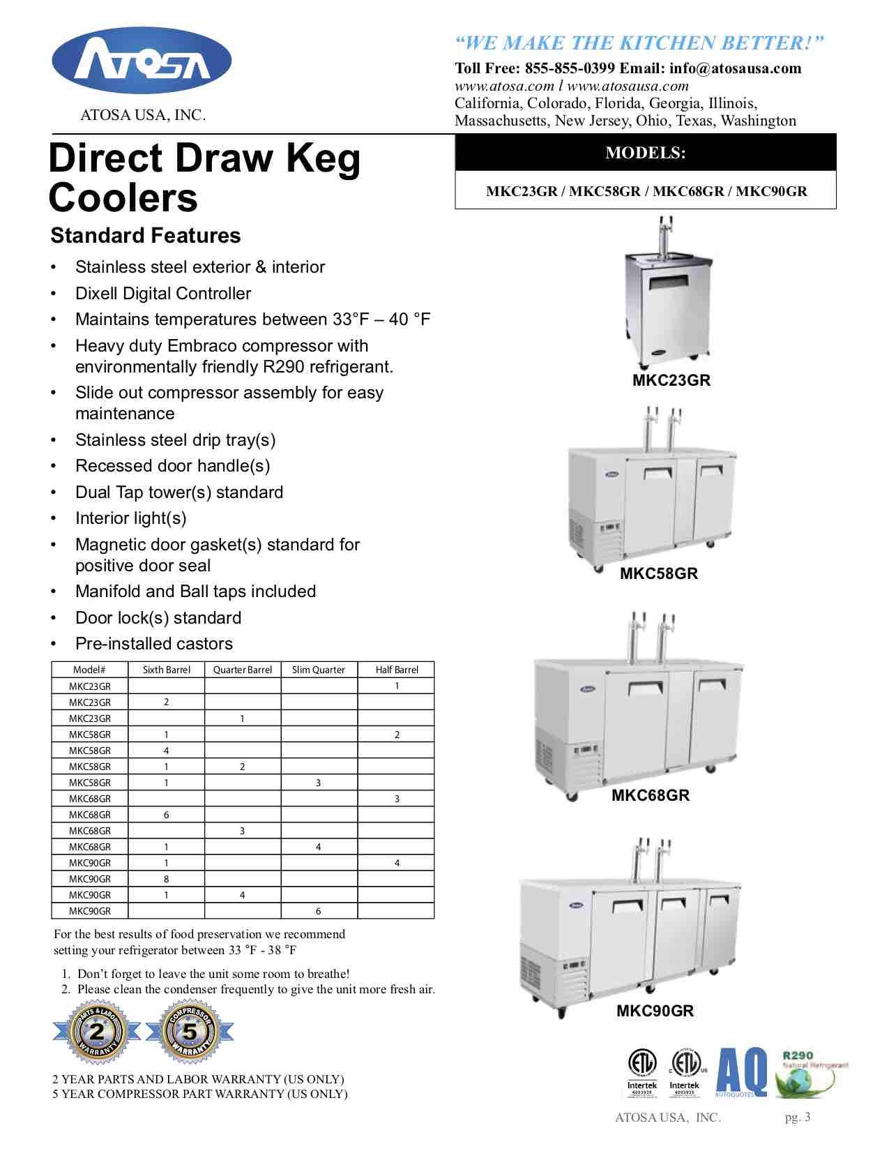 Atosa Kegerator Beer Dispenser with 2 Tap Towers, Commercial Keg Cooler Refrigerator, MKC58