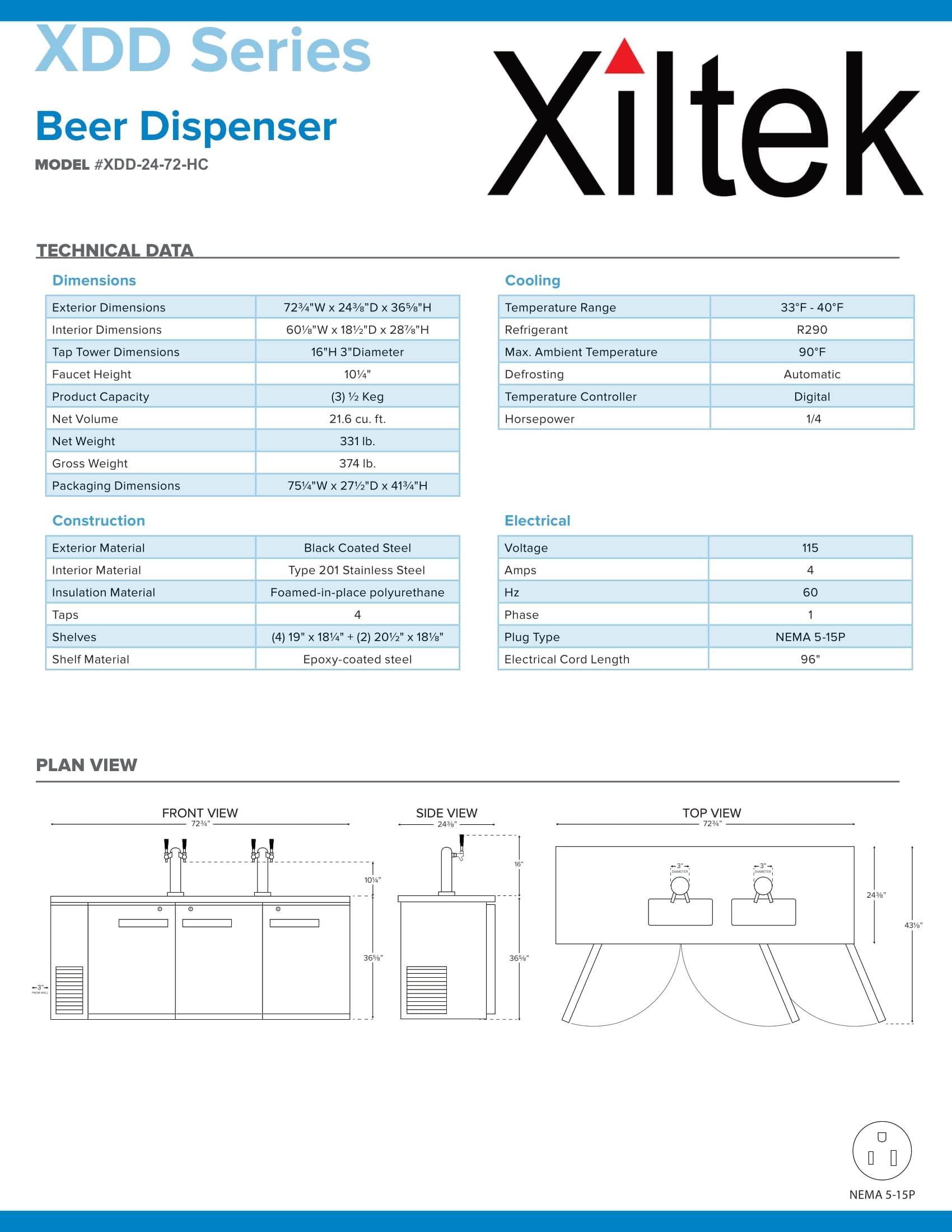 Xiltek 72" 3-Door Commercial Beer Dispenser - Double Tower Keg Cooler - Kegerator XDD-24-72-HC