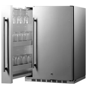 Summit Appliance SPR196OS24 24" Wide Built-In All-Refrigerator, Slide-out Storage Compartment, 17.25" Shallow Depth, Weatherproof Design, Stainless Steel Construction, 3.13 cu.ft Capacity