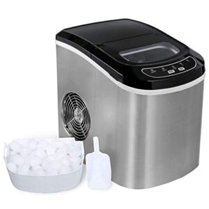 Stainless Steel Compact Counter top Ice Maker Machine with Self-Cleaning- 2 Size Bullet Shaped Ice,9 Cubes Ready in 6-8 Minutes,26LBS/24H-with Ice Scoop and Basket for Home/Office