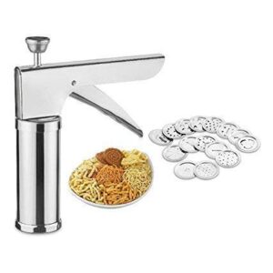 VOETEX ZONE Stainless Steel Kitchen Press with 15 Different Types of Jalies, Murukku Maker/Bhujiya Maker/Noodles Maker/Cookies Maker/Namkeen Maker/Chakali Maker/Sev Maker/Farsan Maker/Gathiya Maker