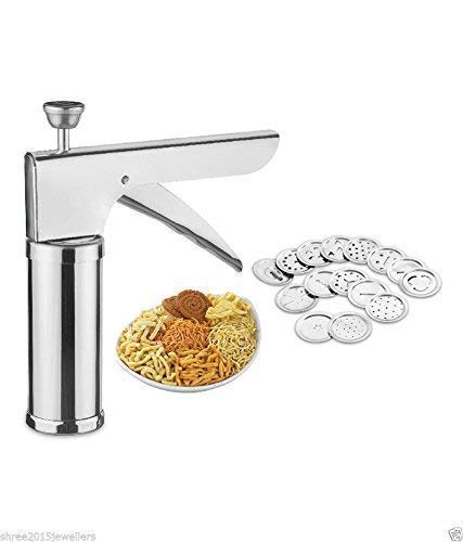 VOETEX ZONE Stainless Steel Kitchen Press with 15 Different Types of Jalies, Murukku Maker/Bhujiya Maker/Noodles Maker/Cookies Maker/Namkeen Maker/Chakali Maker/Sev Maker/Farsan Maker/Gathiya Maker